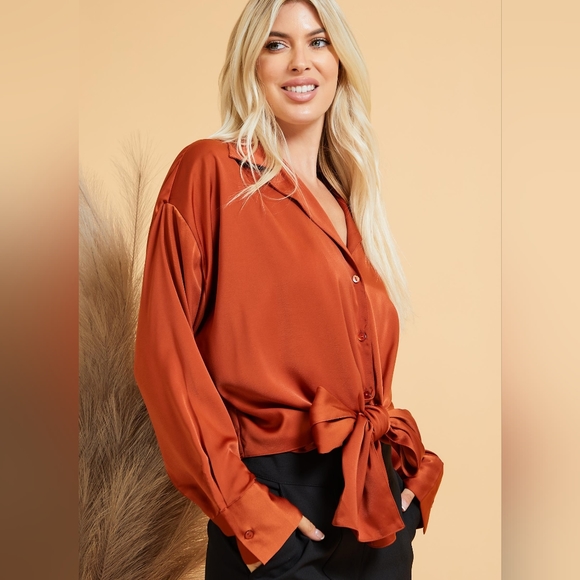 glam | Tops | Long Sleeve Burnt Orange Tie Front Blouse | Poshmark